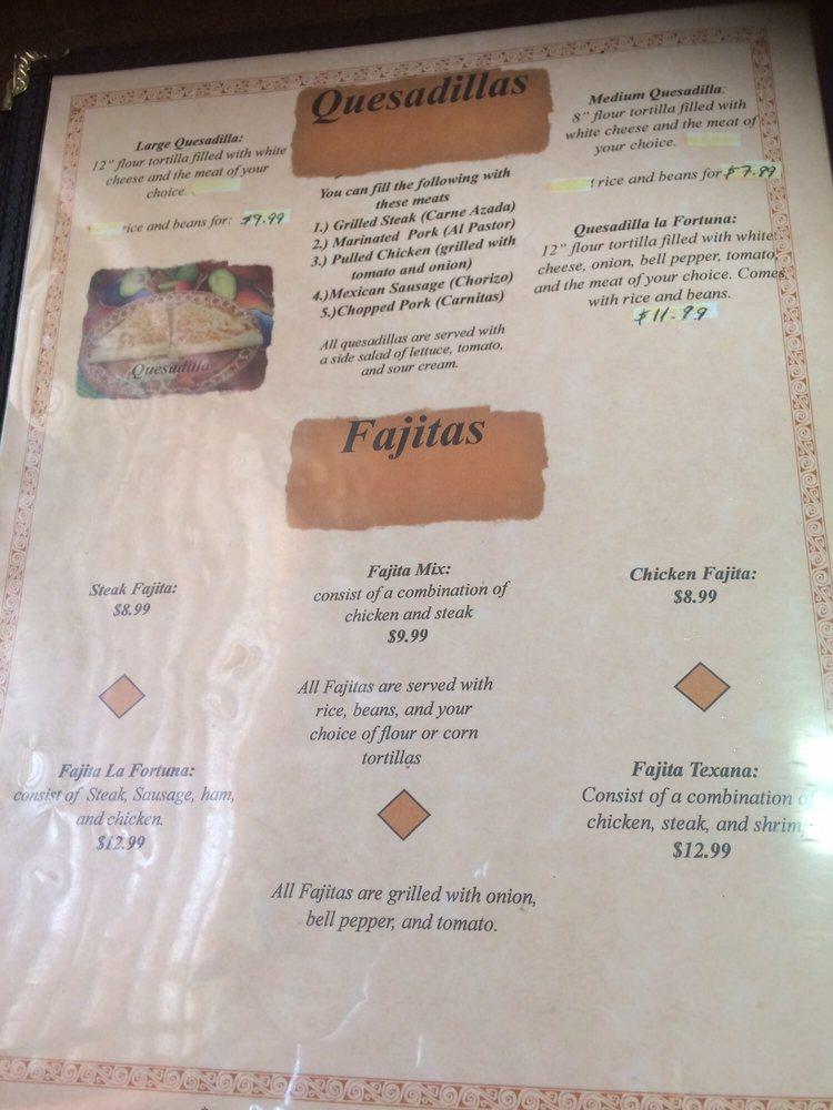Menu at La Fortuna restaurant, North Wilkesboro
