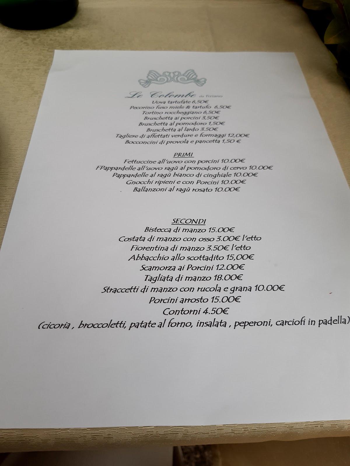 Menu da Le Colombe pizzeria, Nemi