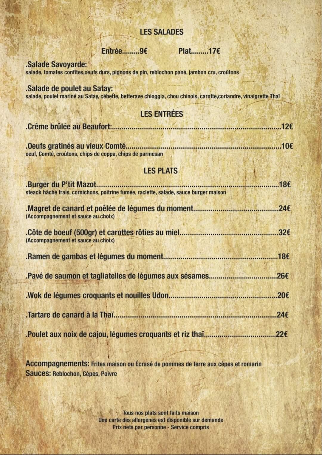 Menu at Le P'tit mazot restaurant, Mâcot-la-Plagne