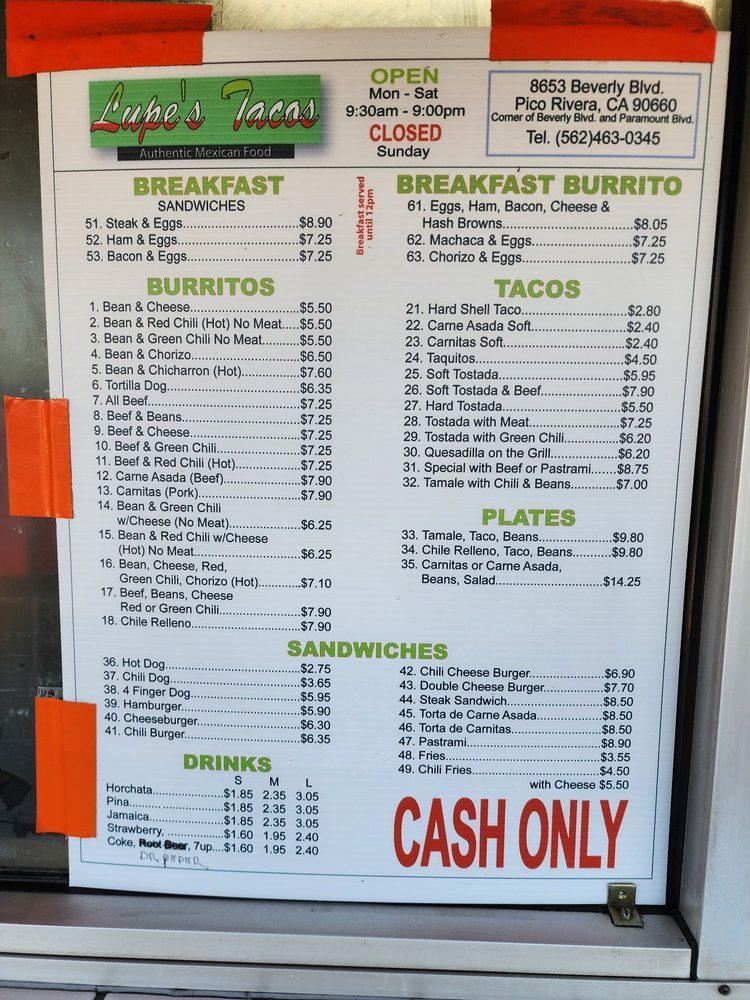 Menu at Lupe's Restaurant, Pico Rivera