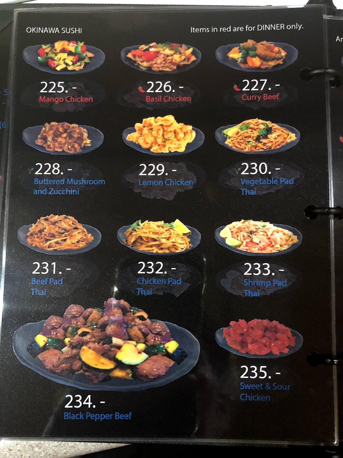 Menu at Okinawa Sushi restaurant, Owen Sound