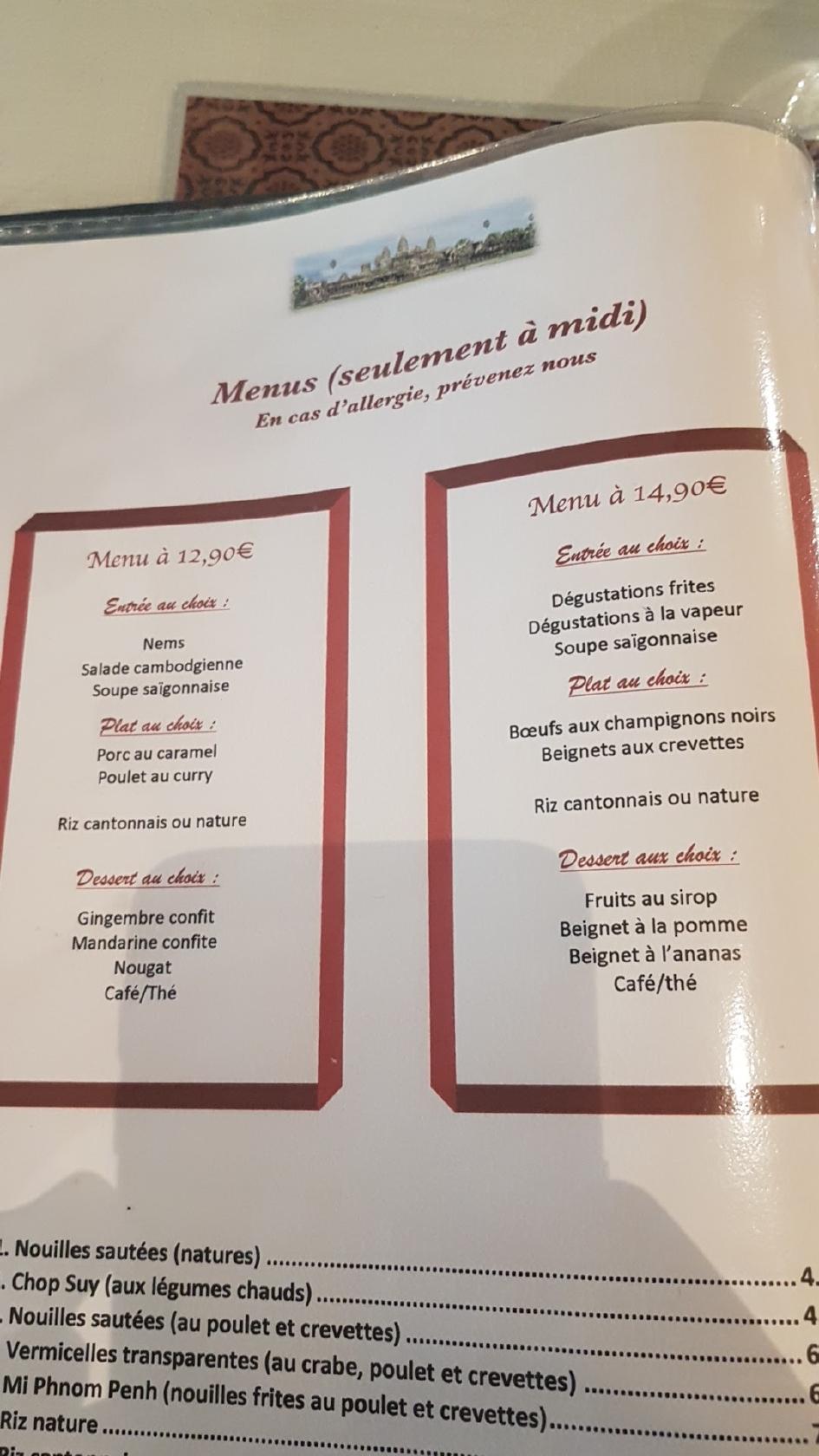 Menu au le palais d'angkor restaurant, Vichy