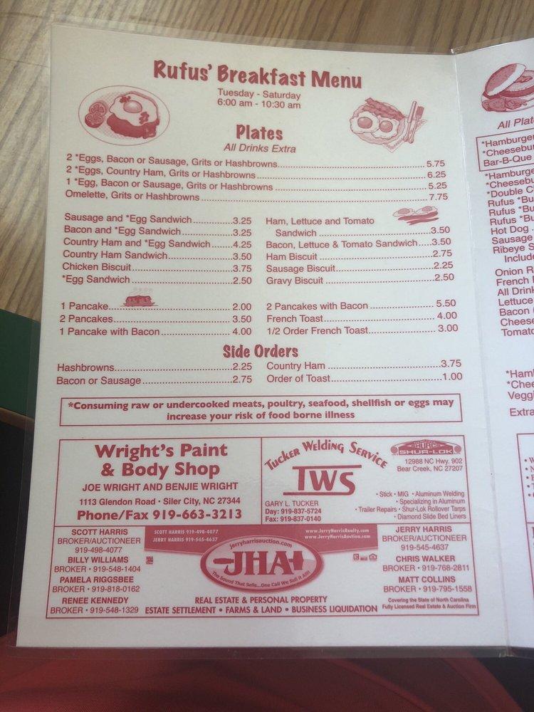 Menu at Rufus' Restaurant, Goldston