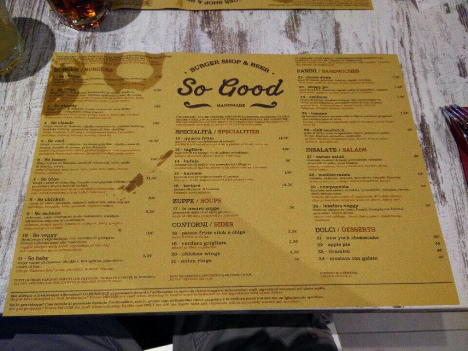 Carta del restaurante So Good - Burger Shop & Beer, Cambiago