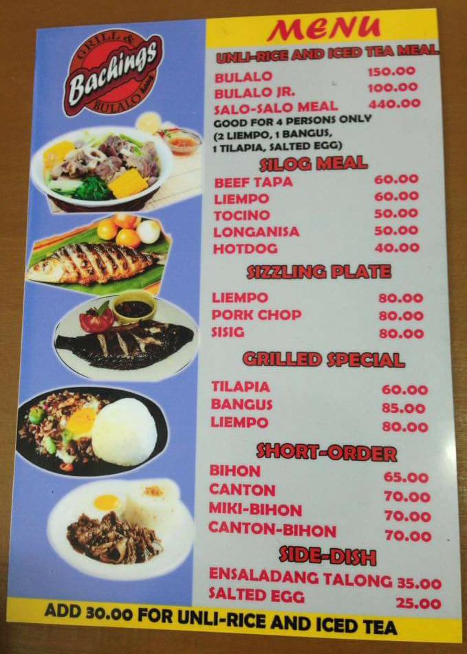 Menu at Bachings Bulalohan restaurant, Muntinlupa