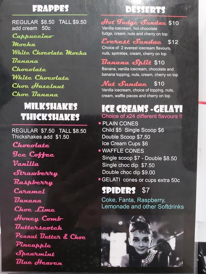 Menu at Barossa 50s Diner, Tanunda