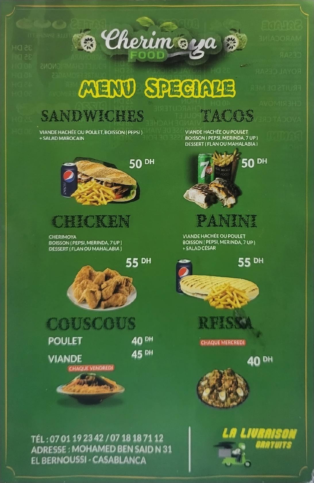 Menu at CHERIMOYA FOOD restaurant, Casablanca