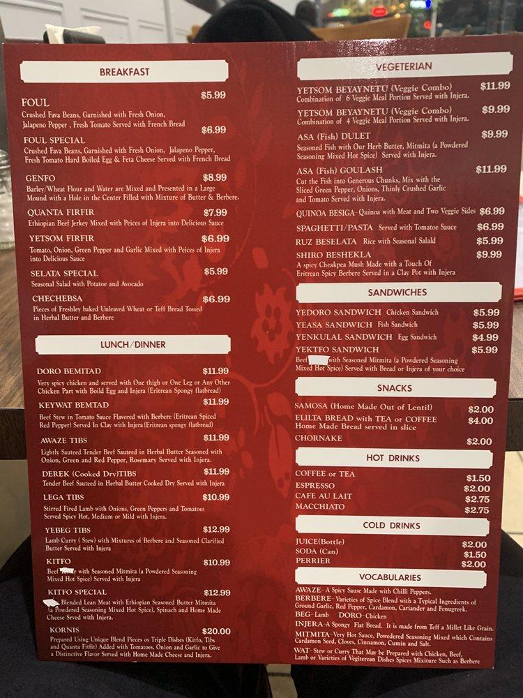 Menu at Elilta Restaurant, Silver Spring