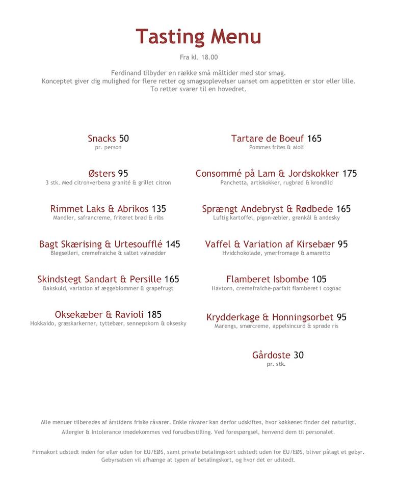 Menu at Restaurant @ Hotel Ferdinand, Aarhus