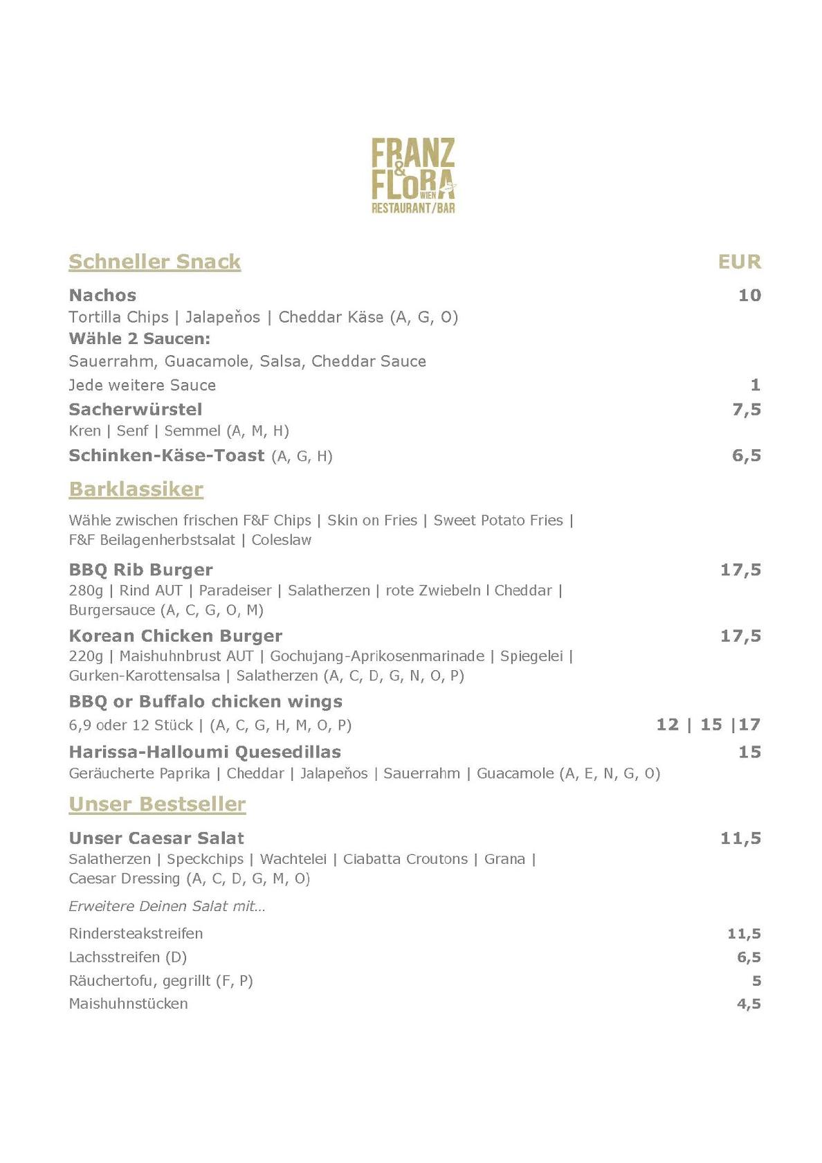 Menu at Franz & Flora restaurant, Vienna