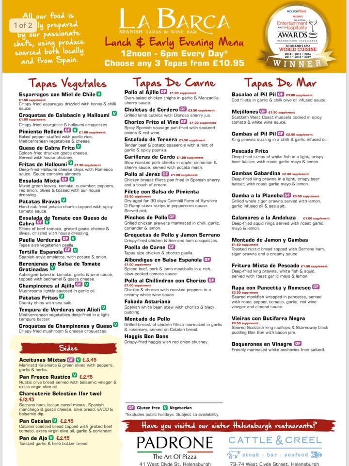 Menu at La Barca Spanish Tapas & Wine Bar, Helensburgh