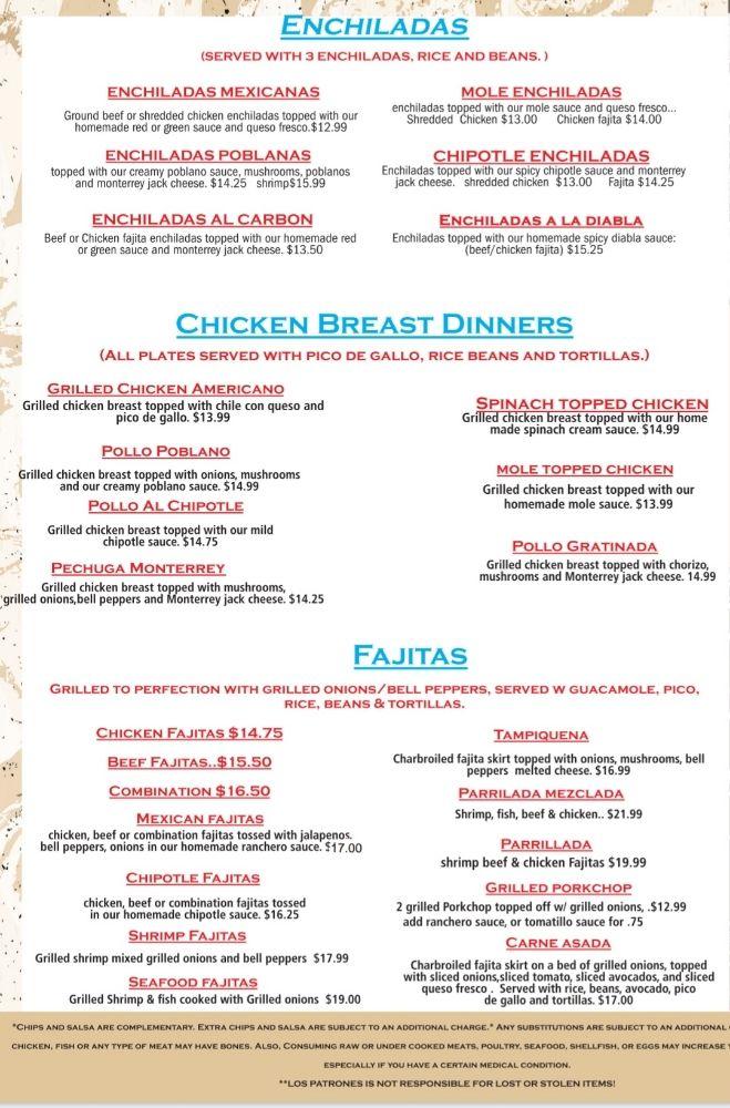 Menu at Los Patrones Fresh Mexican Cuisine restaurant, Galveston