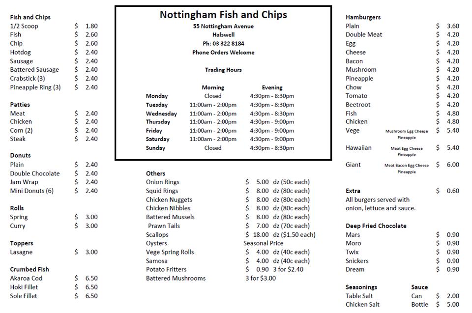 Menu at Nottingham Ave Fish & Chip Shop Christchurch restaurant ...