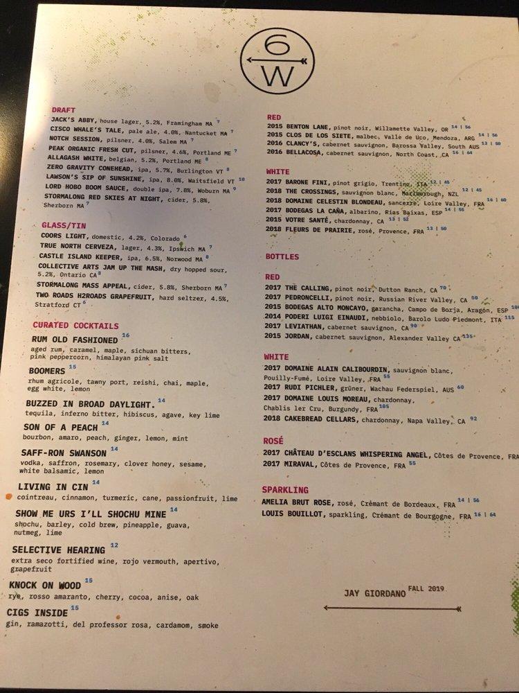 Menu at Six West pub & bar, Boston