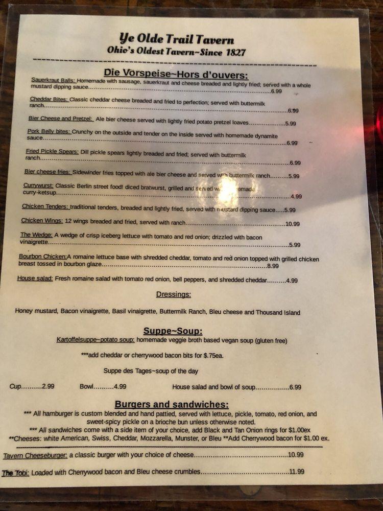 Menu at Ye Olde Trail Tavern pub & bar, Yellow Springs