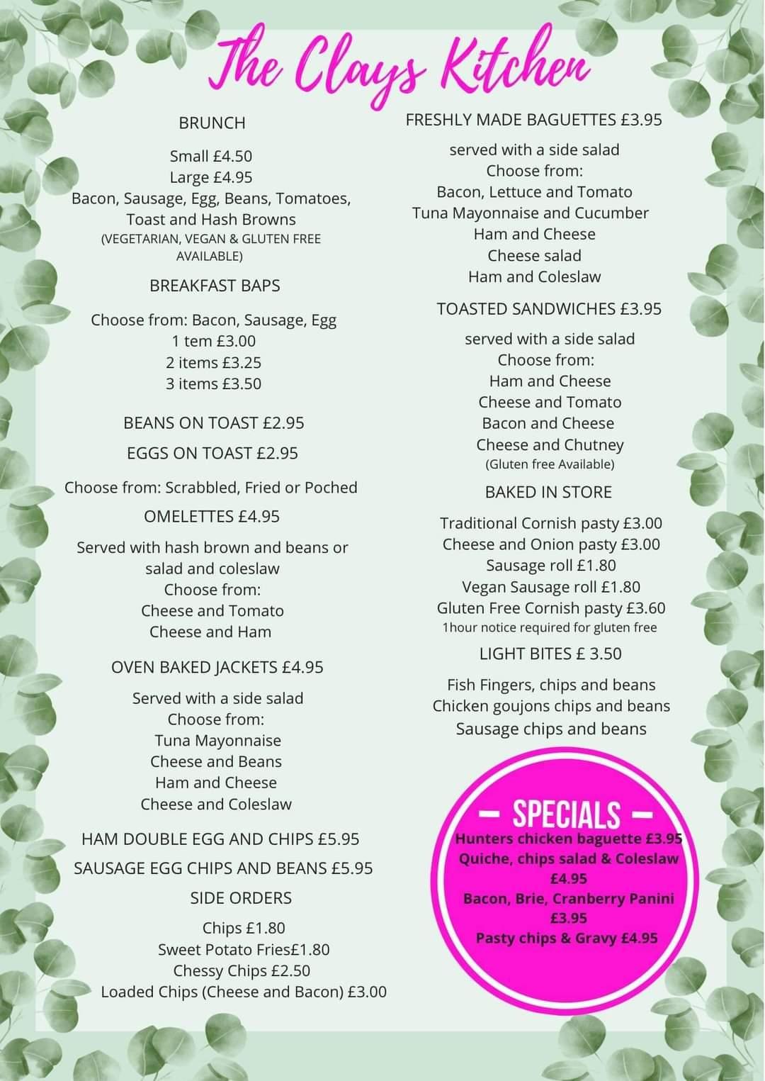 Menu at Clays Kitchen cafe, Saint Dennis