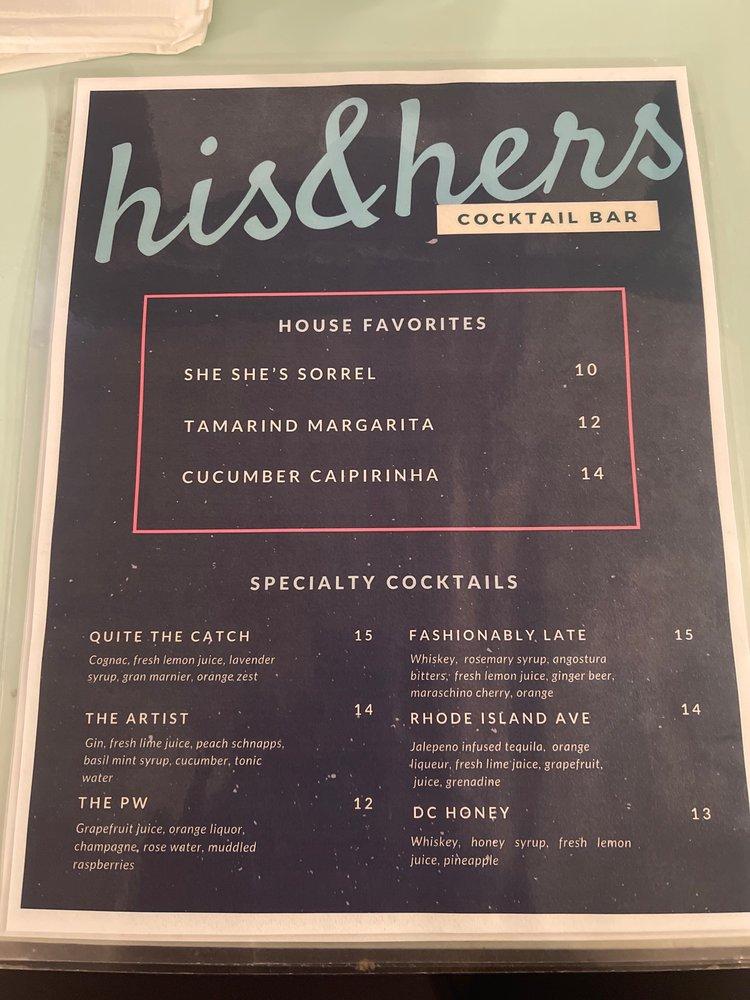 Menu at His & Hers restaurant, Washington