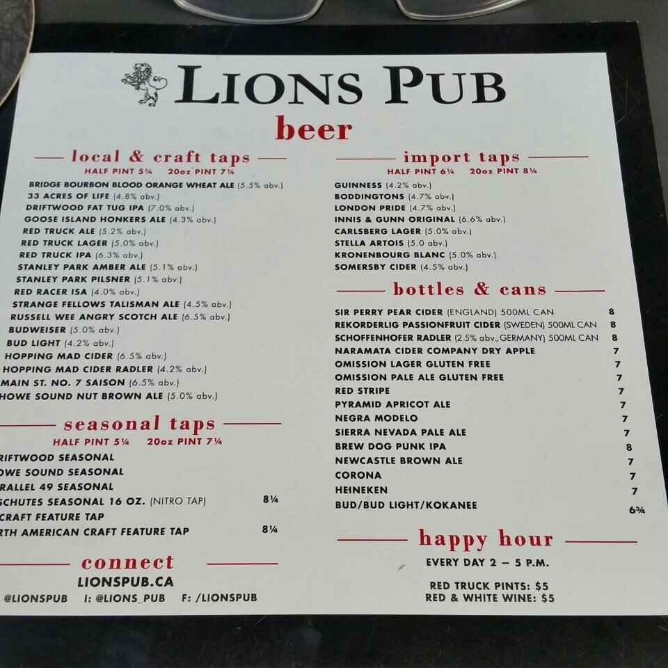 Menu at Lions Pub, Vancouver