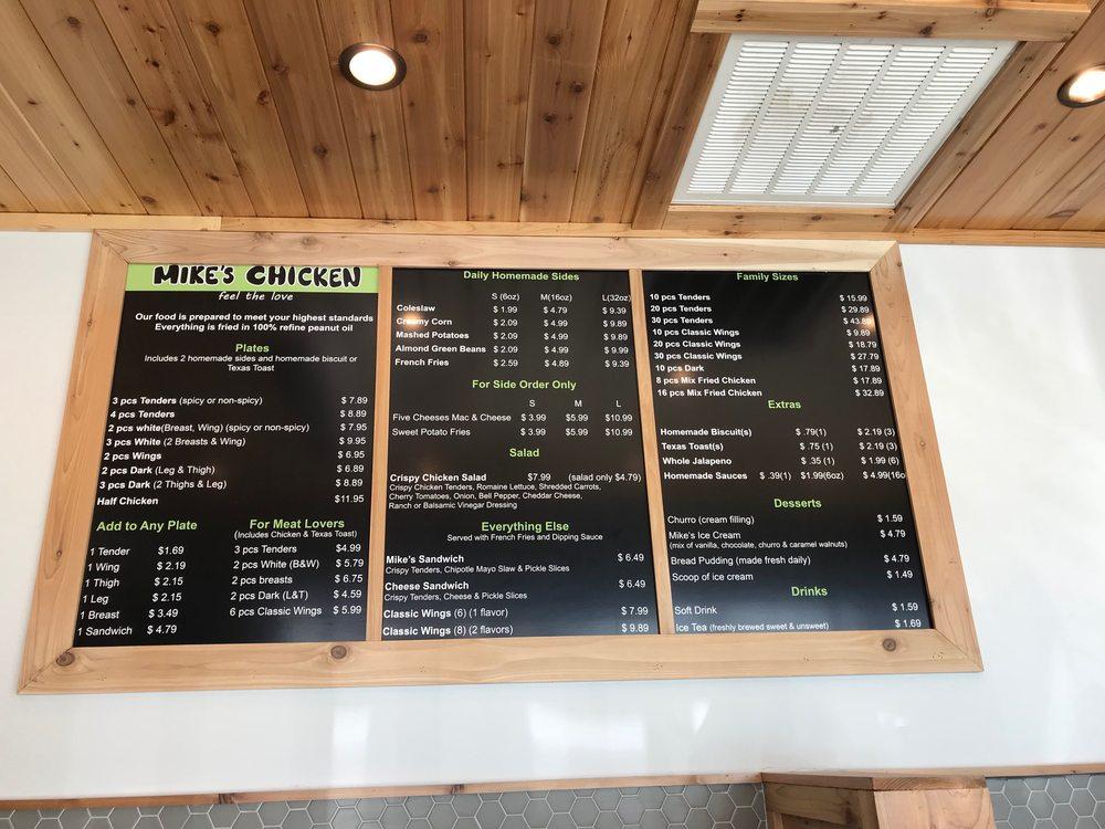 Menu at Mike's Chicken restaurant, Dallas, Maple Ave