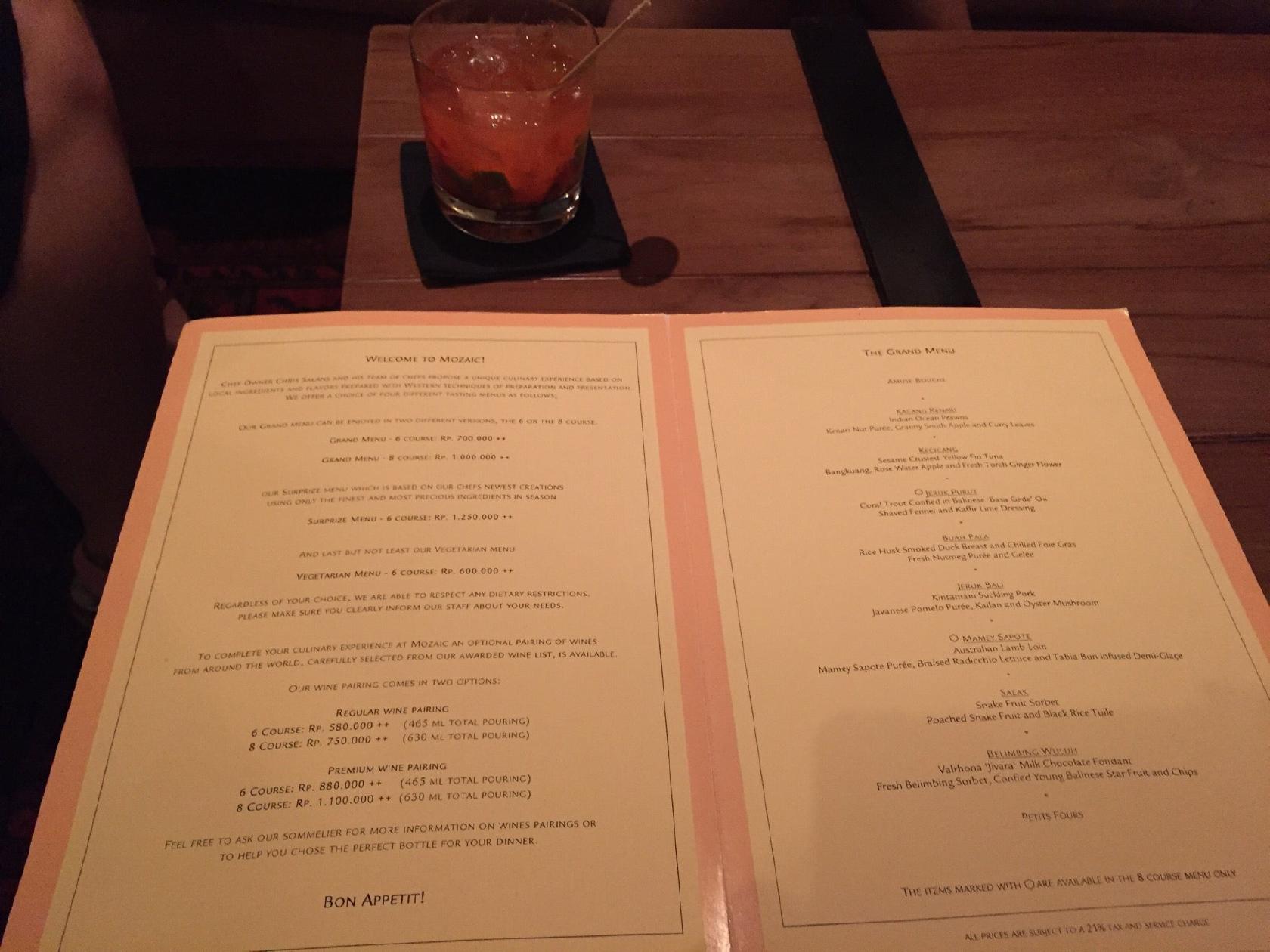 Menu at Mozaic restaurant, Ubud