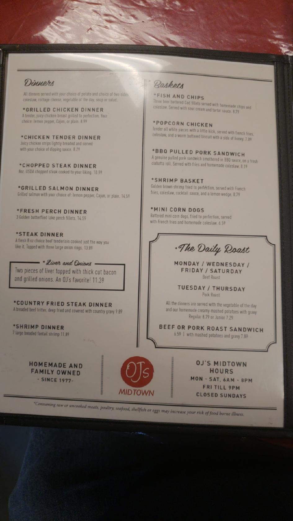 Menu at OJs Midtown Restaurant, Gillett