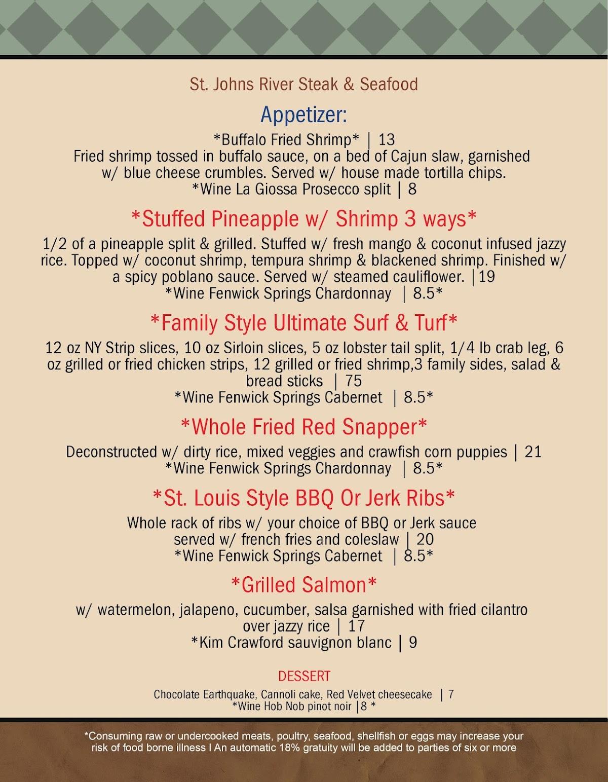 Menu at St Johns River Steak & Seafood steakhouse, Sanford