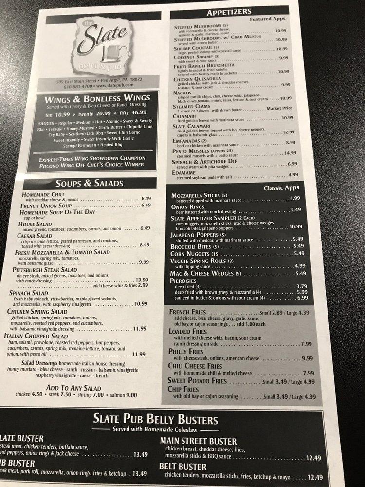 Menu at The Slate Hotel & Pub, Pen Argyl