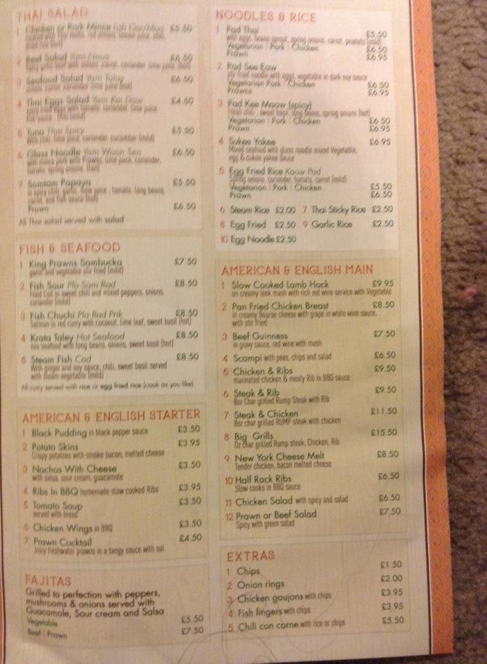 Menu at Tikki Thai cafe in Sunderland, Sunderland
