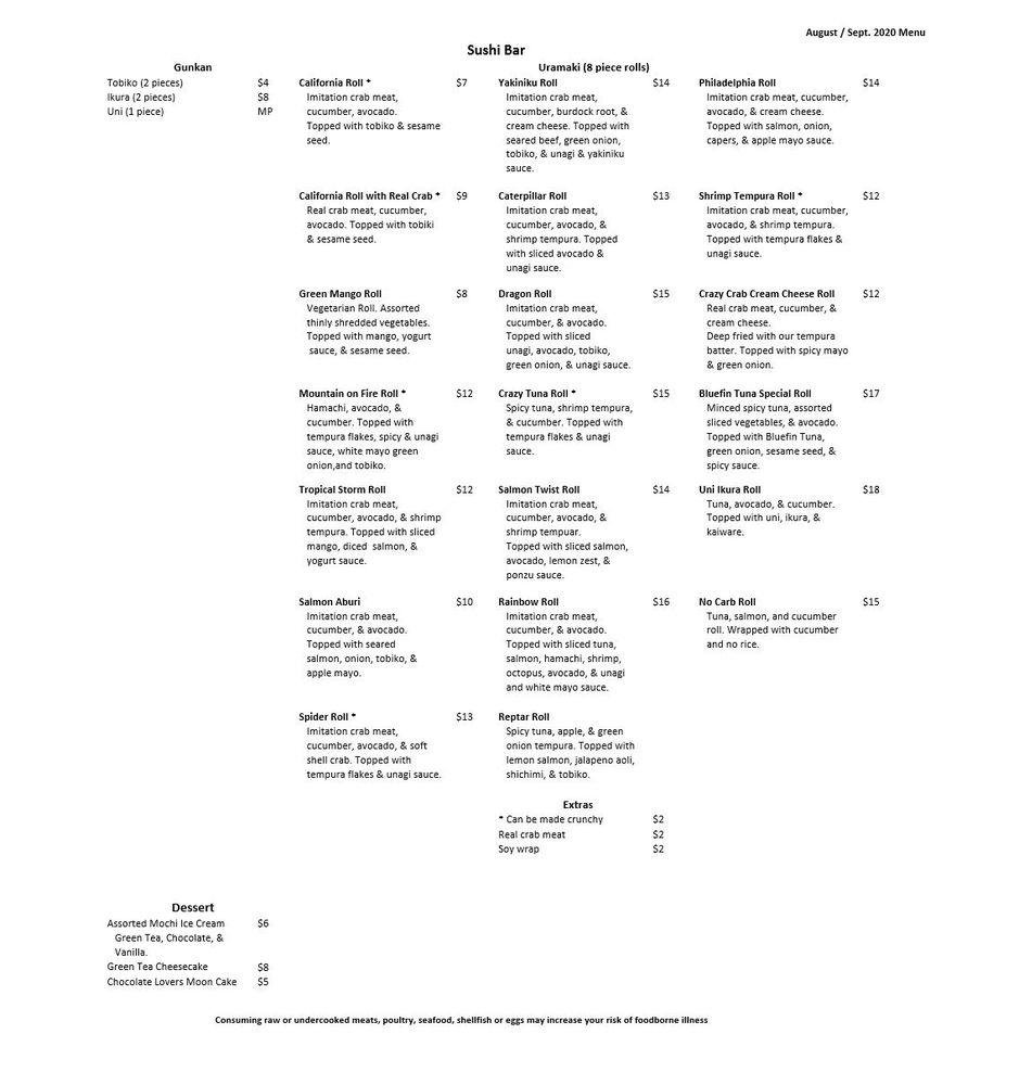 Carta del restaurante Bluefin Tuna & Sushi, Portland