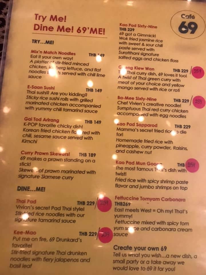 Menu at Cafe 69, Ko Samui