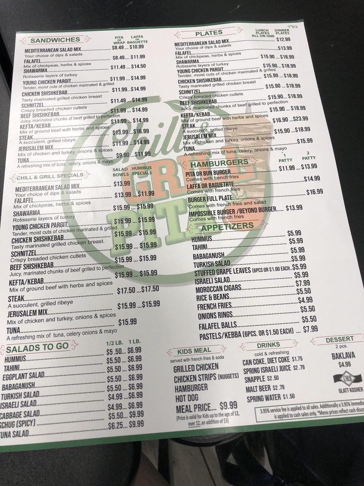 Menu at Chill & Grill Pita Boca restaurant, Boca Raton