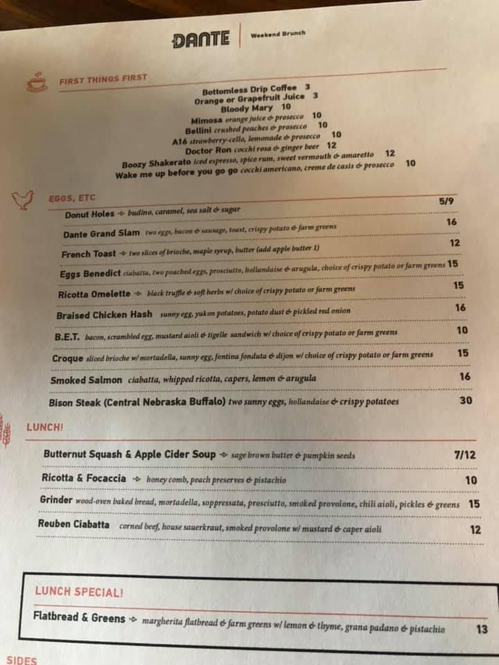 Menu at DANTE pub & bar, Omaha