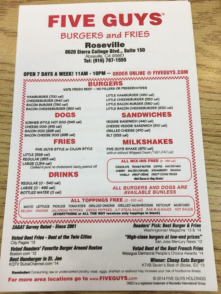 Carta de comida rápida Five Guys, Roseville, Sierra College Blvd #150