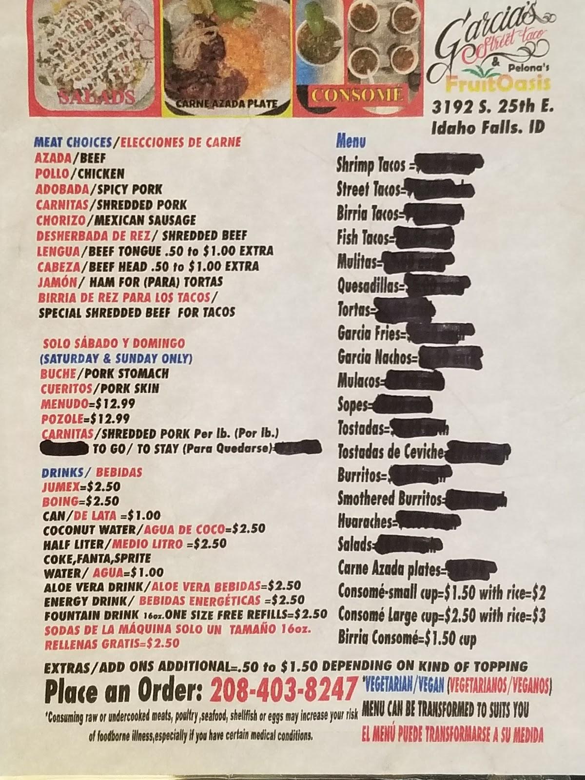 Menu at Garcia's Street Taco & Pelona's Fruit Oasis restaurant, Idaho ...
