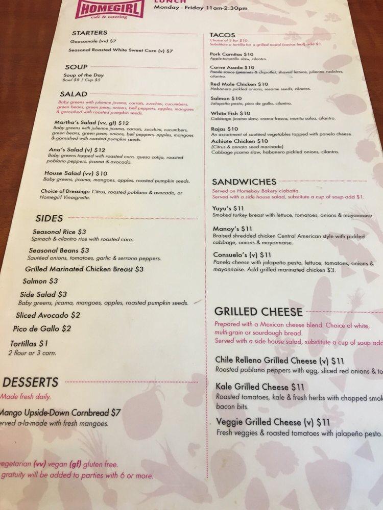 Menu at Homegirl Café cafe, Los Angeles, 130 Bruno St