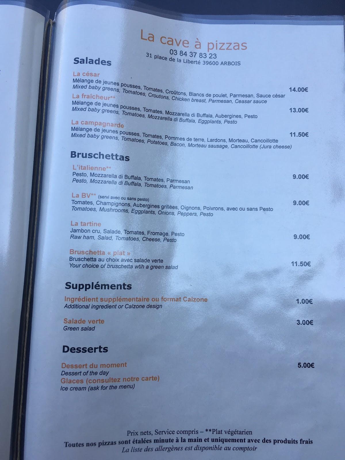 Carta del restaurante LA CAVE A PIZZA, Arbois, 31 Pl. del la Liberté