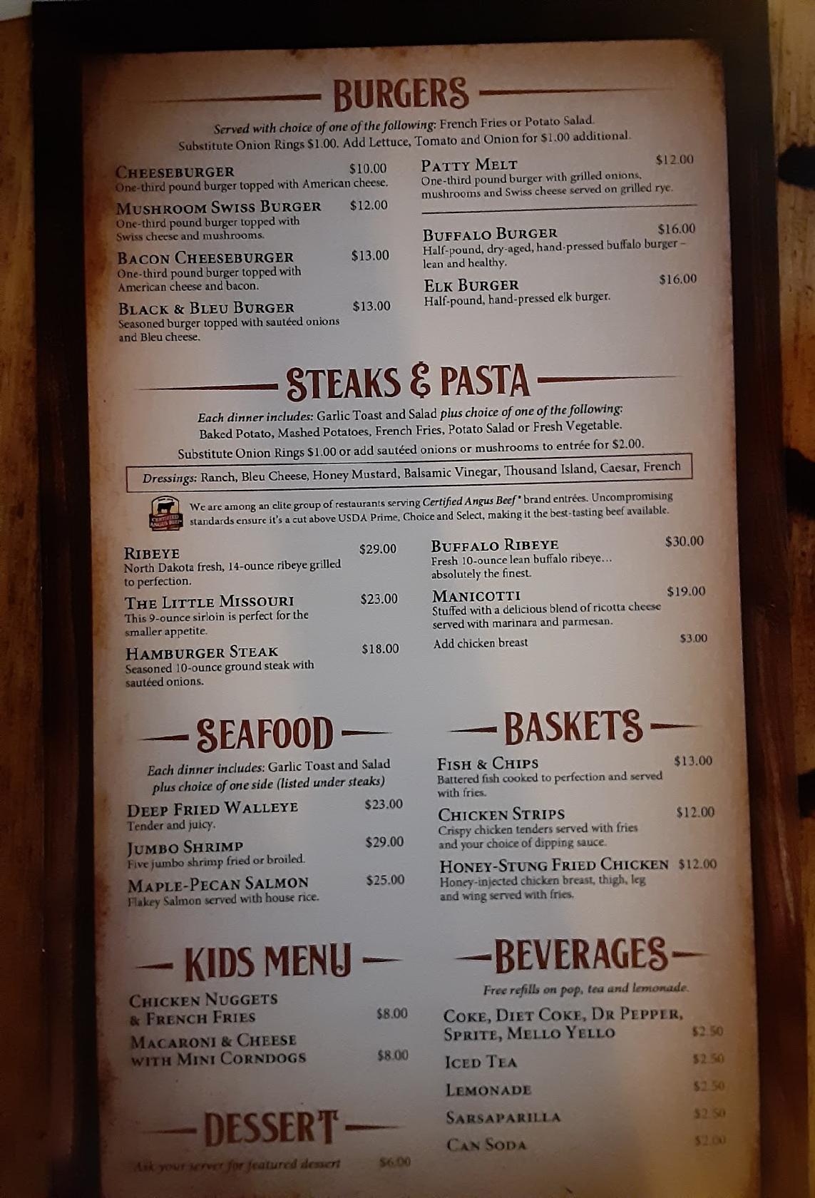 Menu at Little Missouri Saloon & Dining Room pub & bar, Medora