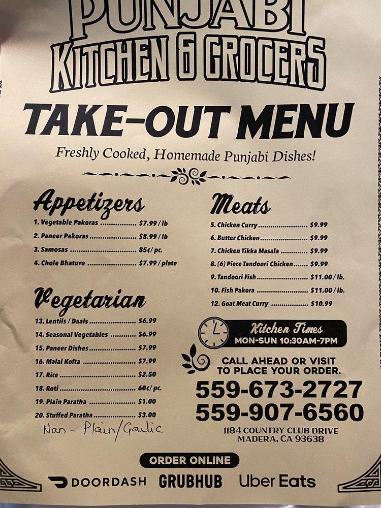 Menu at Punjabi Kitchen & Grocers restaurant, Madera