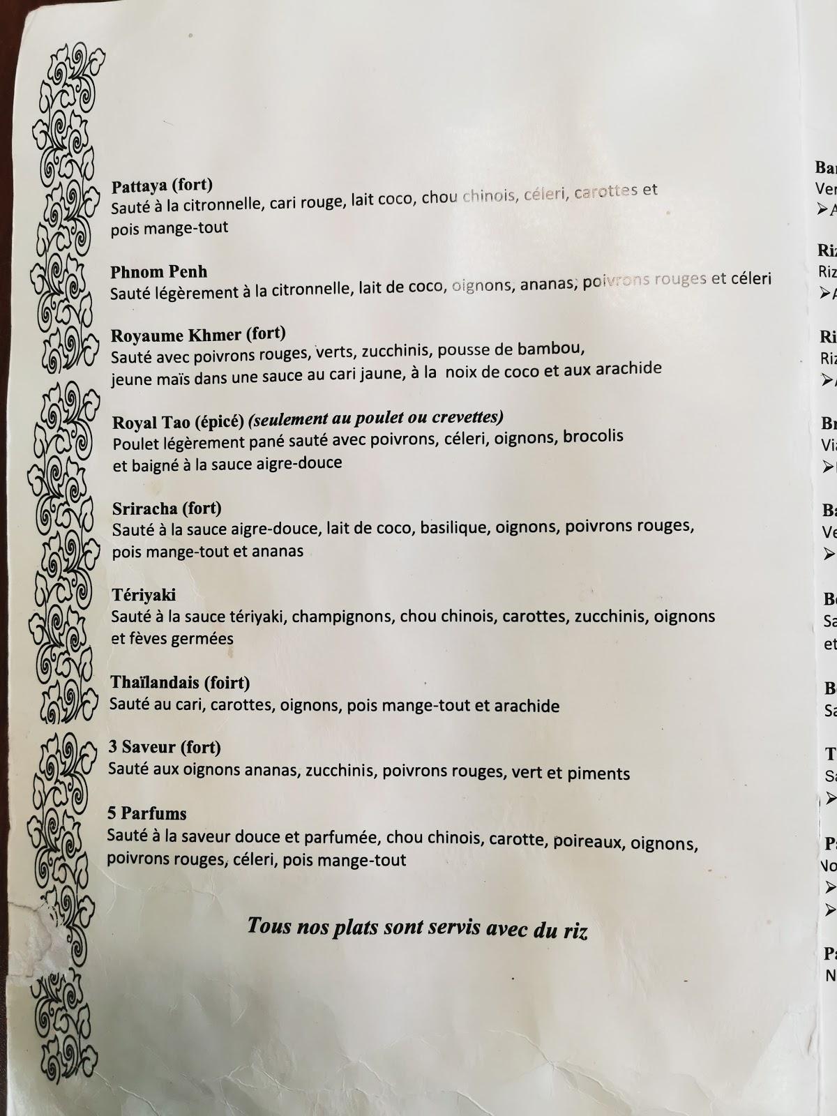 Menu au Restaurant Royaume Khmer, Mont-Saint-Hilaire