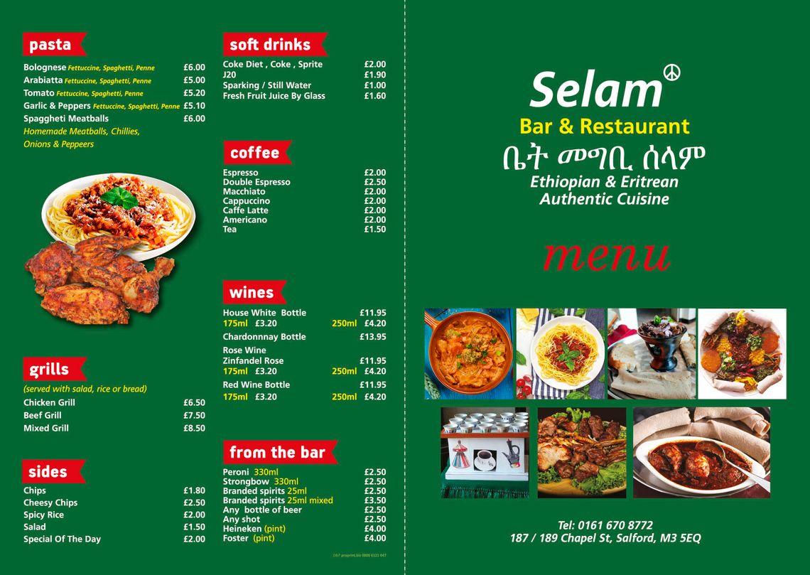 Menu at Selam Habesha restaurant, Salford