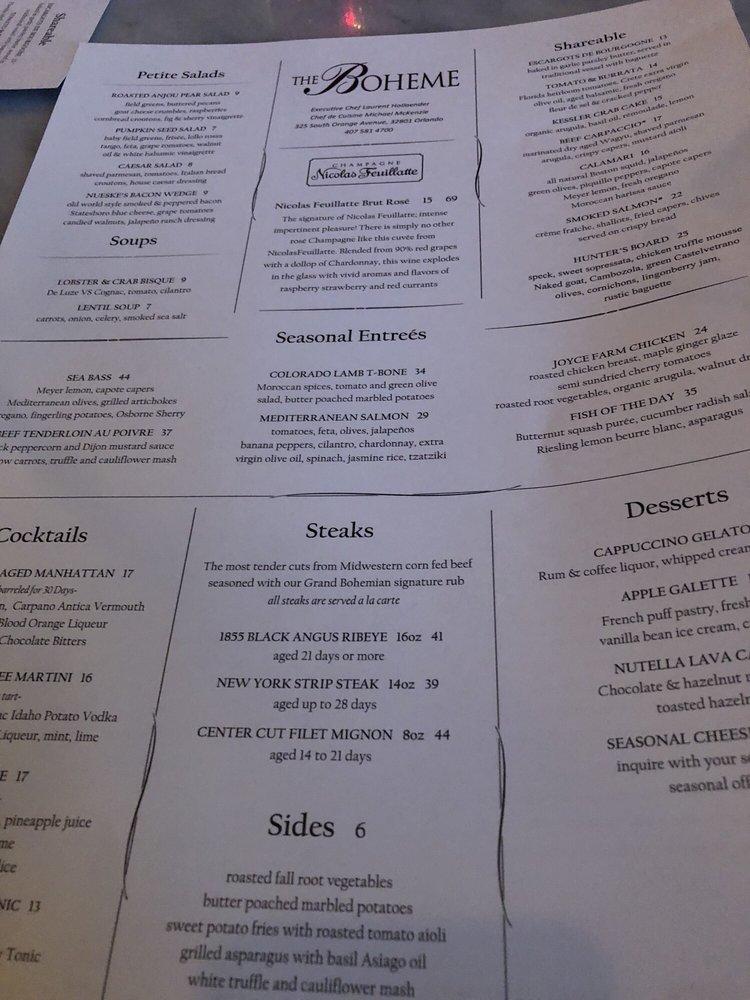 Menu at The Boheme pub & bar, Orlando, Grand Bohemian Hotel Orlando