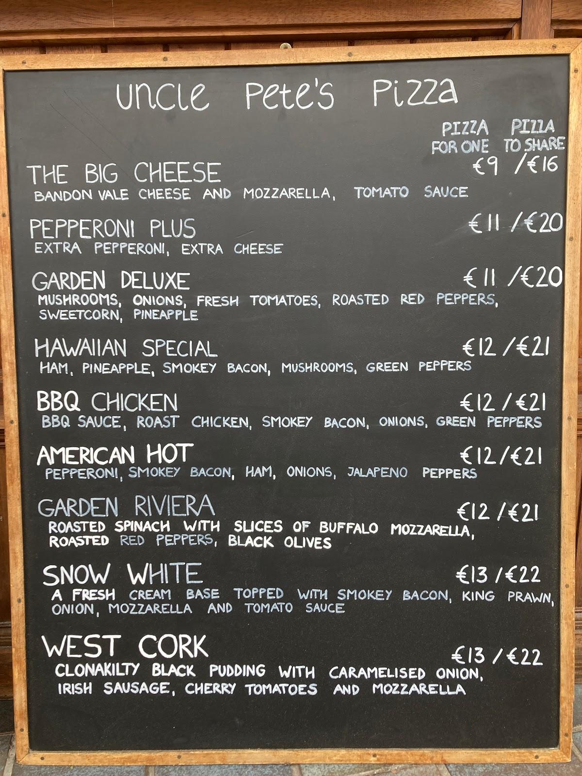 Menu at Uncle Pete's Bantry restaurant, Bantry