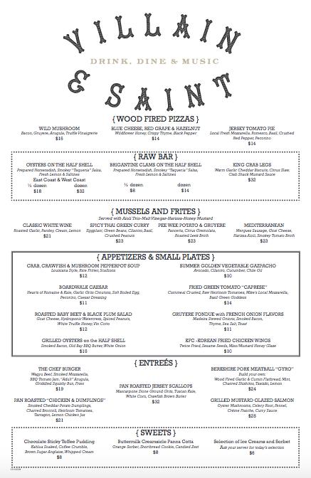 Menu at Villain & Saint restaurant, Atlantic City, 500 Boardwalk