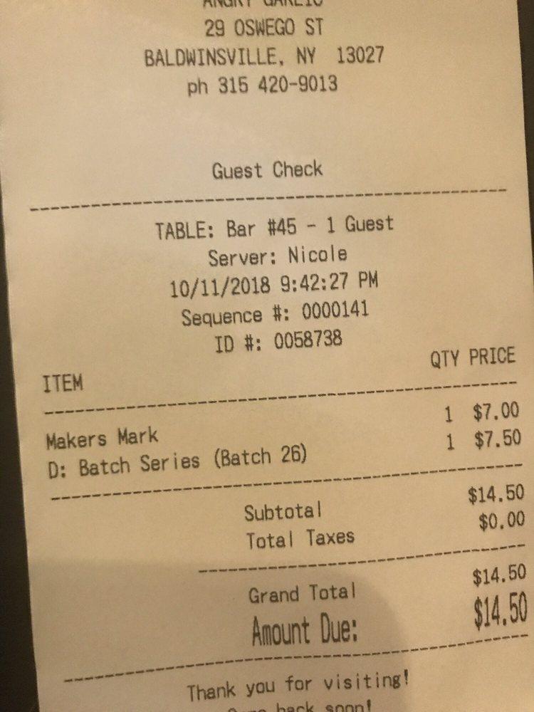 Menu at Angry Garlic pub & bar, Baldwinsville