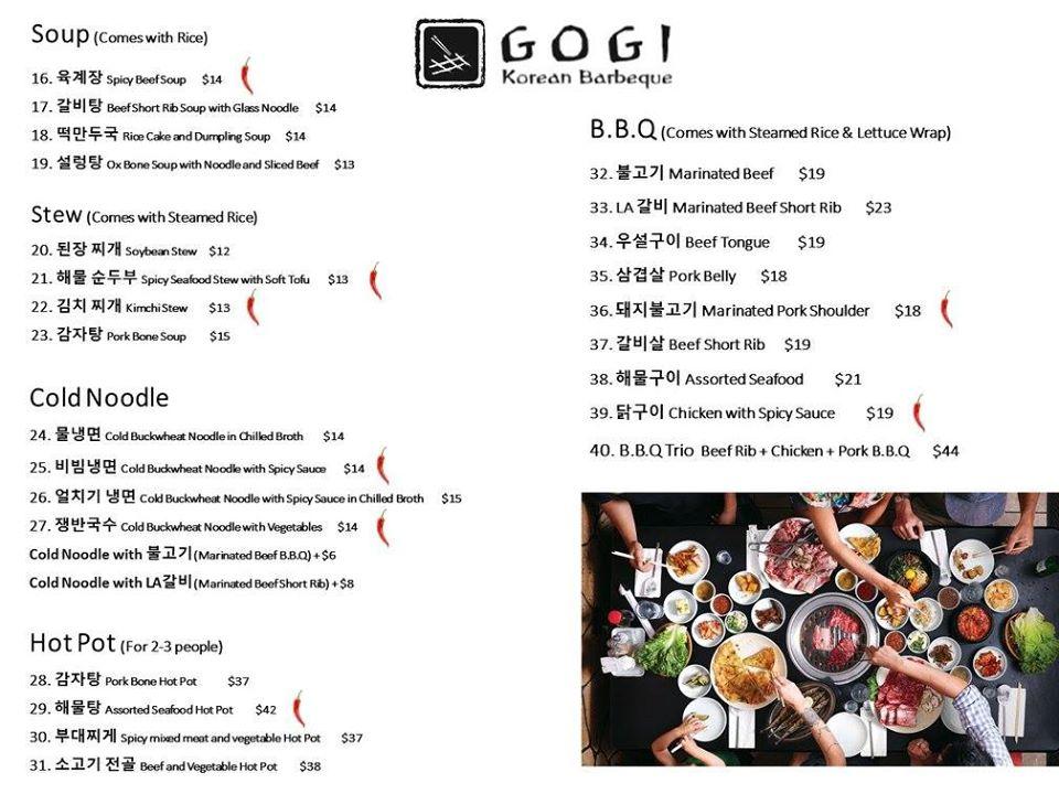Carta de GOGI Korean BBQ, Calgary