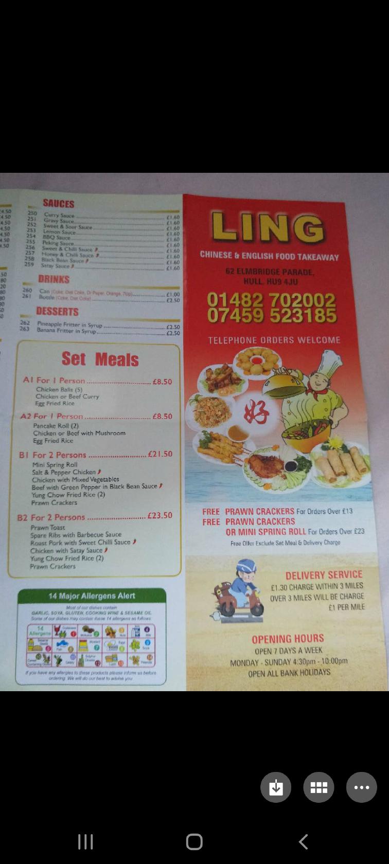 Menu at Ling Take Away, Hull