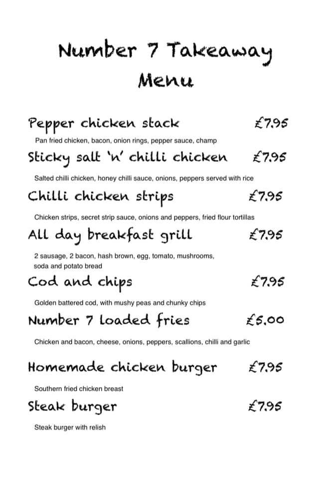 Menu at Number 7 restaurant, Craigavon