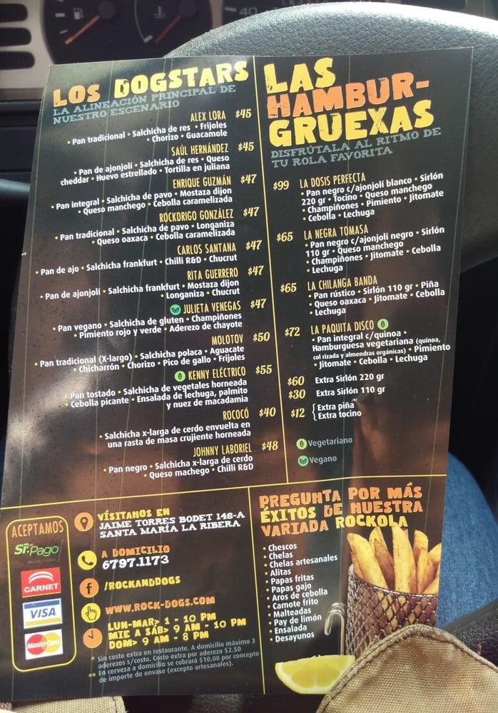 Menu at ROCK & DOGS fast food, Mexico City, Jaime Torres Bodet 148