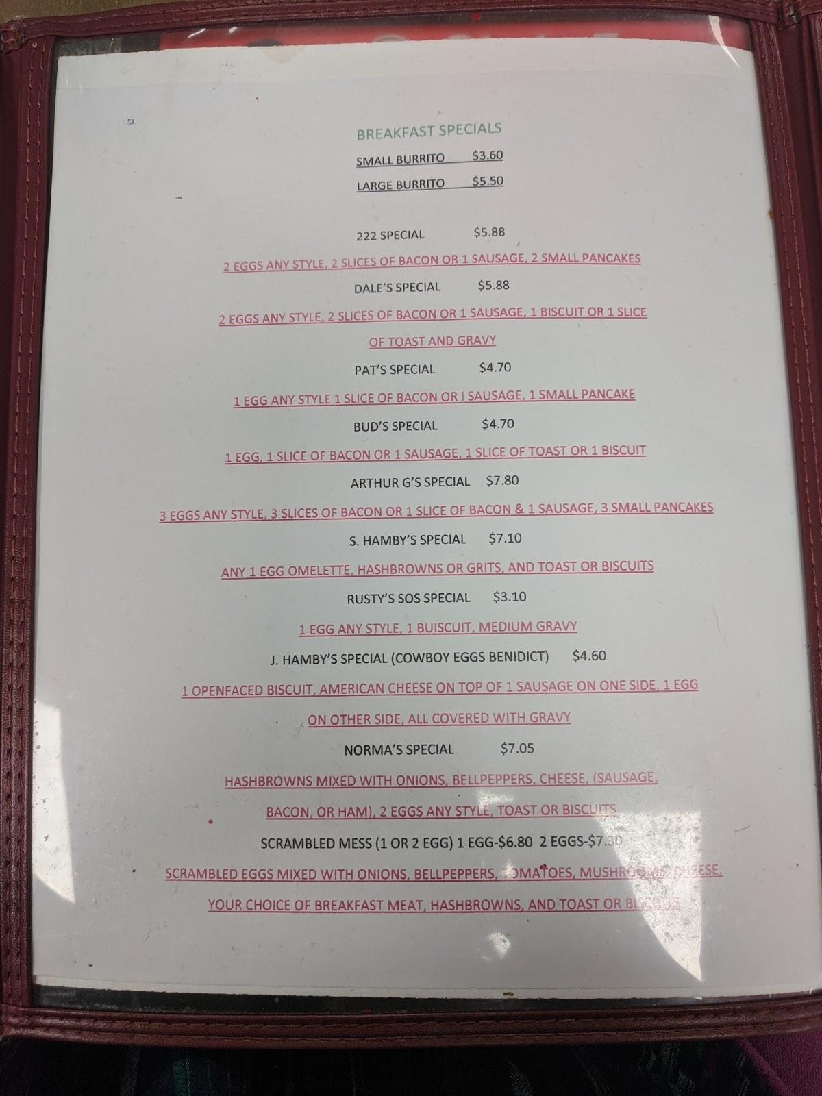 Menu at Aldridge Cafe, Ada