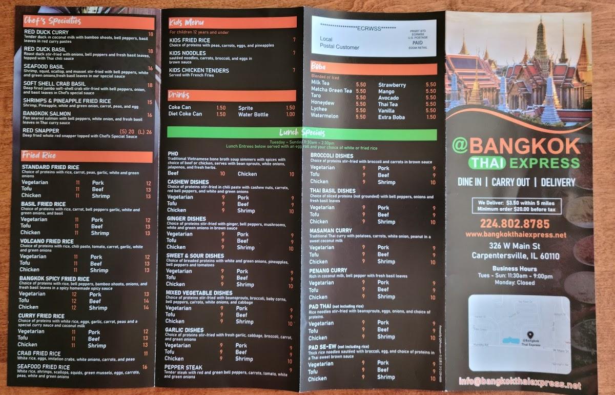 Menu at @BANGKOK THAI EXPRESS restaurant, Carpentersville